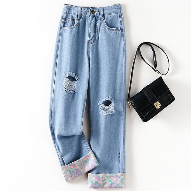 Supernova - High Rise Washed Ripped Panel Jacquard Cropped Straight Leg ...