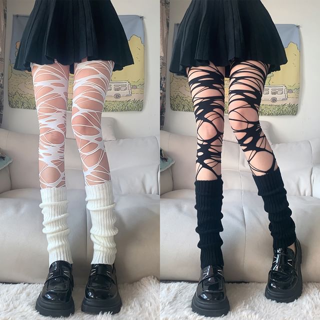 Malnia Home - Plain Distressed Tights / Ribbed Knit Leg Warmers / Set ...