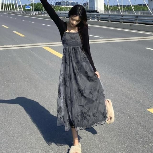 aistera - Plain Cropped Open Front Cardigan / Spaghetti Strap Floral ...