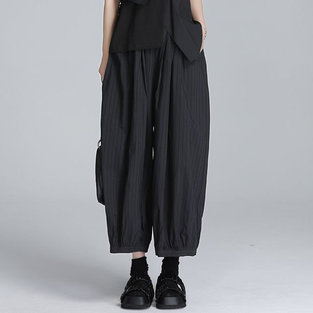 SIMPLE BLACK - High Waist Pinstriped Baggy Pants | YesStyle