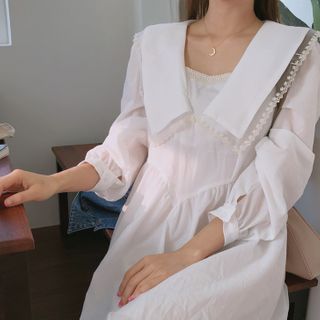 YANSAE - Chelsea-Collar Lace-Trim Maxi Flare Dress | YesStyle