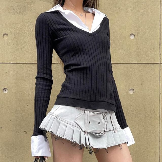 GAGAO - Mock Two-Piece Long-Sleeve Collared Two Tone Slim Fit Tee ...