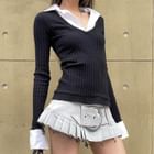 GAGAO - Mock Two-Piece Long-Sleeve Collared Two Tone Slim Fit Tee ...