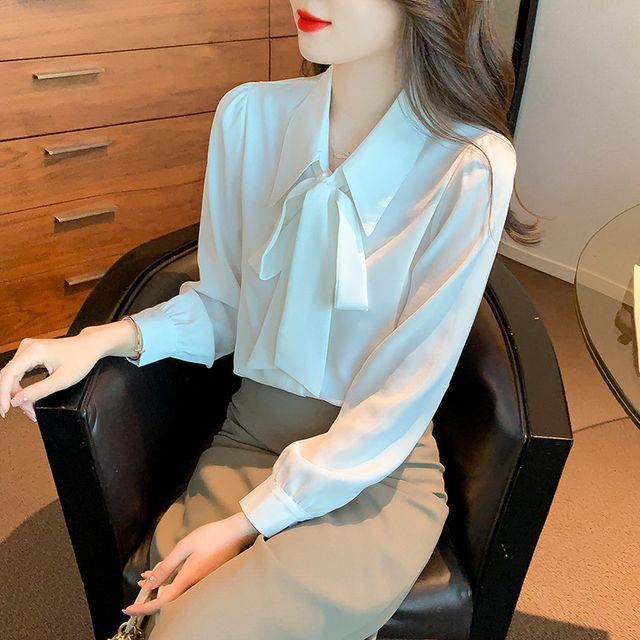 Tulik - Long-Sleeve Tie-Neck Plain Satin Blouse | YesStyle