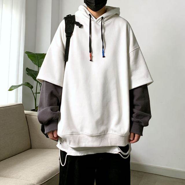 Femilina - Mock Two-Piece Two Tone Drawstring Hoodie | YesStyle