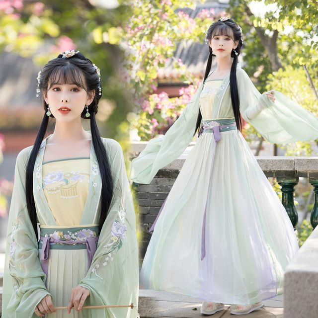 Glaypio - Chinese Hanfu Set: Floral Embroidery Light Jacket / Sheer ...