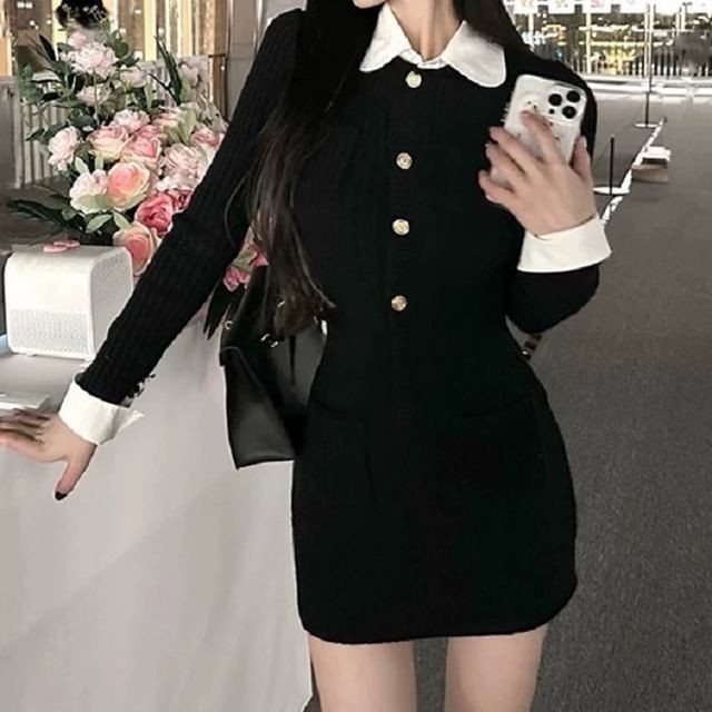 Cossita - Mock Two-Piece Long-Sleeve Collar Two Tone Button Mini Sheath ...
