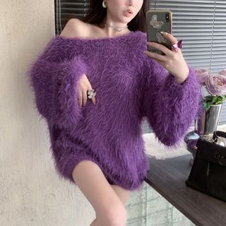 NENE - Boat Neck Plain Fluffy Oversized Sweater | YesStyle