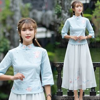 Ebbie - Traditional Chinese Elbow-Sleeve Embroidered Top | YesStyle