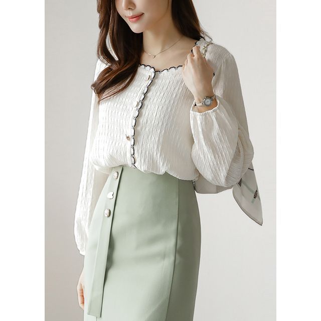 Styleonme Scallop Trim Button Up Blouse Yesstyle