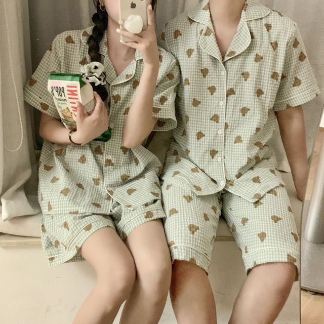 Moonystine - Couple Matching Pajama Set: Short-Sleeve Bear Print Button ...