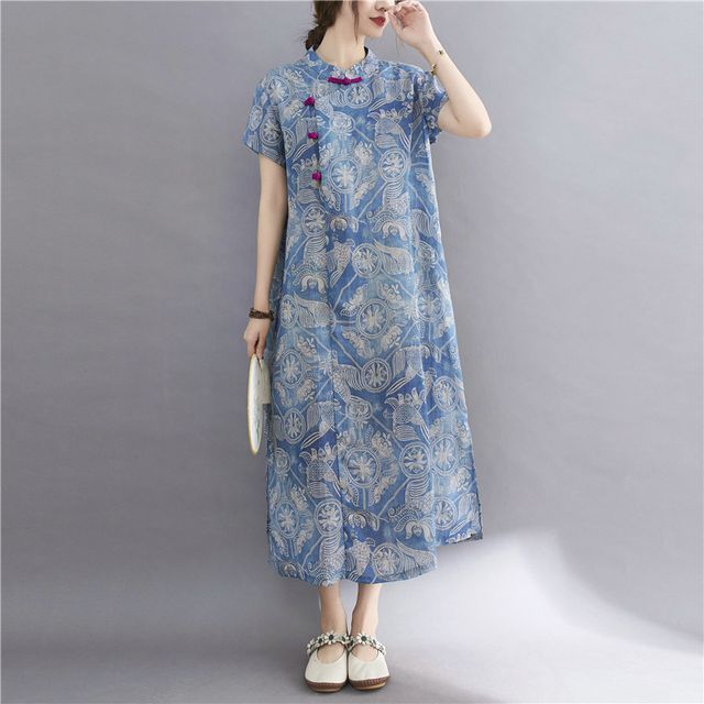 ZIMO - Short-Sleeve Frog Button Print Midi Tunic Dress | YesStyle