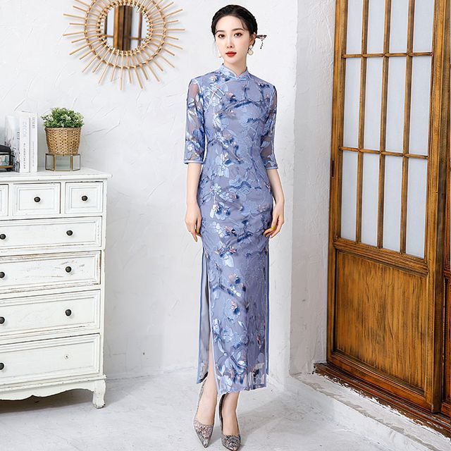 TEALI - Elbow-Sleeve Lace Maxi Qipao | YesStyle