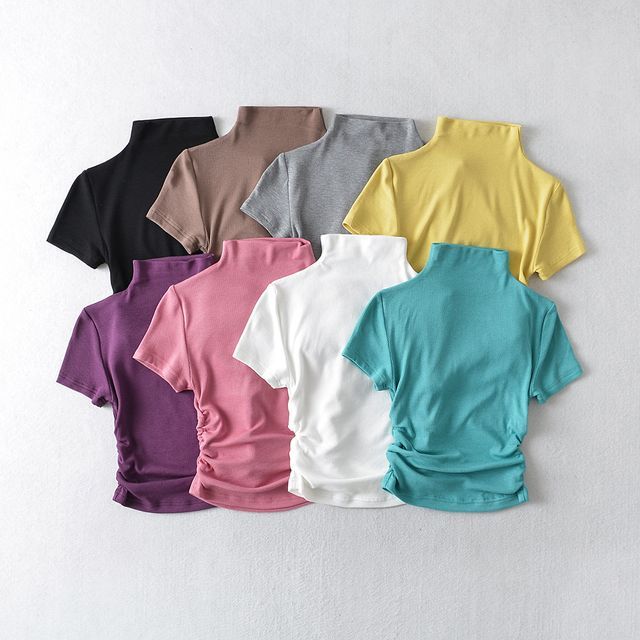 Flotto - Short-Sleeve Mock Neck Plain Ruched Slim Fit Tee | YesStyle