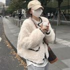 EFO - Crew Neck Contrast Trim Fluffy Button Jacket | YesStyle