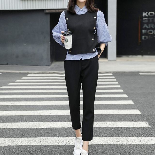 Dipssi - Set: Asymmetrical Vest + Blouse + Cropped Dress Pants | YesStyle