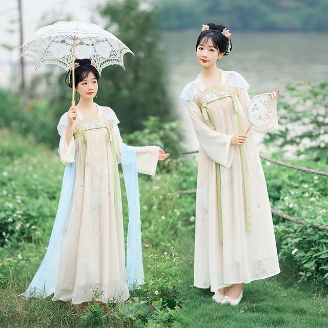 Tangier - Long-Sleeve Flower Embroidered Maxi Hanfu Dress | YesStyle