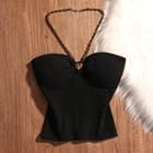 Mintenika - Chain Strap Halter Neck Plain Padded Open Back Crop Top ...