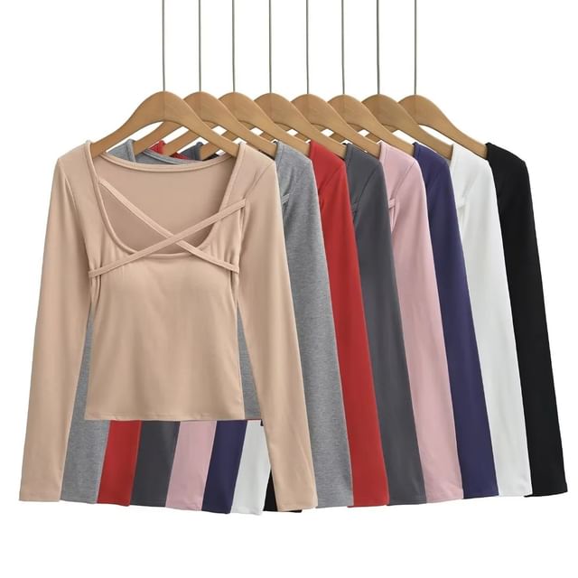 Flotto - Long Sleeve Scoop Neck Plain Crisscross Crop T-Shirt | YesStyle