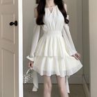 KONGER - Cold-Shoulder Long-Sleeve Plain Keyhole A-Line Layered Dress ...