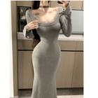 NENE - Flared-Sleeve Scoop Neck Plain Lace Trim Maxi Mermaid Dress ...