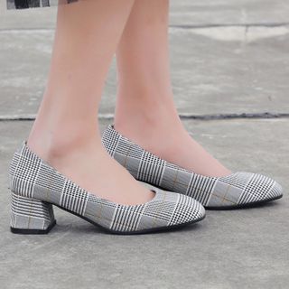 Aegina - Block Heel Plaid Pumps | YesStyle