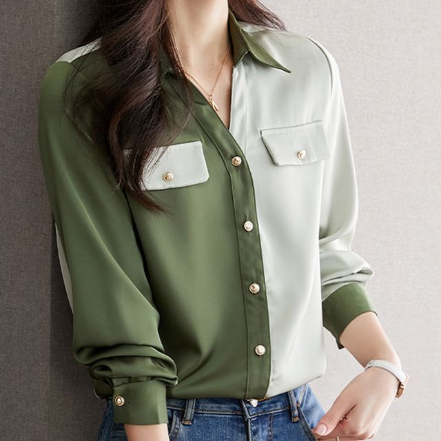 PERFASHIONIST - Long-Sleeve V-Neck Collared Two Tone Blouse | YesStyle