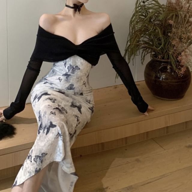 Odestra - Long Sleeve Off Shoulder Butterfly Print Panel Velvet Maxi ...