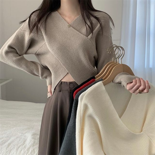 PINPI - V-Neck Plain Criss Cross Cropped Sweater | YesStyle