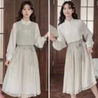 Moregirl - Puff-Sleeve Stand Collar Two-Tone Midi A-Line Dress / Floral ...