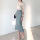 ISSOL - Elbow-Sleeve Boat Neck Knit Top / High Rise Midi Fishtail Skirt ...