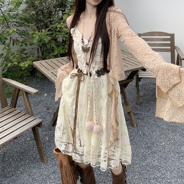 Shinsei - Spaghetti Strap Shirred Mini A-Line Lace Dress / Bell-Sleeve ...