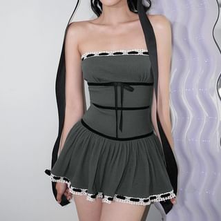 Sosana - Sleeveless Lace-Trim Bow Accent Slim-Fit Mini A-Line Dress ...