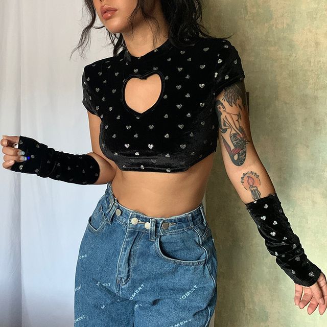 Sosana - Short Sleeve Velvet Heart Print Cut-Out Crop Top | YesStyle