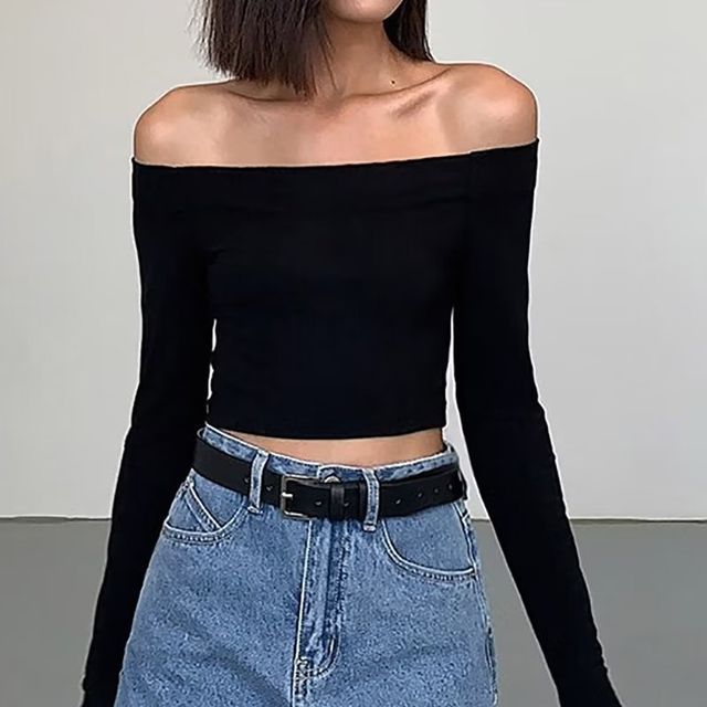 Flotto - Long-Sleeve Off-Shoulder Plain Cropped T-Shirt | YesStyle