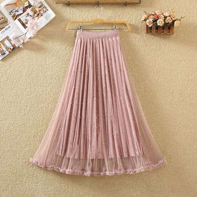 Honoree - Midi A-Line Mesh Pleated Skirt | YesStyle