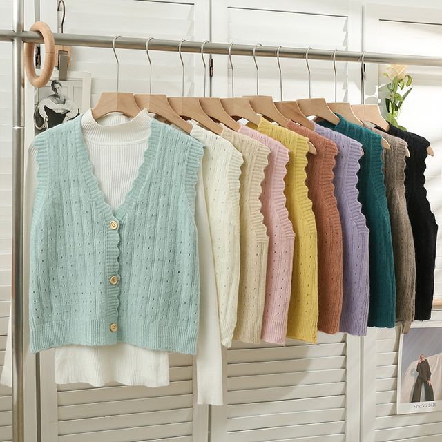 Lemongrass - Scallop-Edge Button-Up Light Knit Vest in 10 Colors | YesStyle