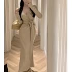 Ginger Girl - Long-Sleeve V-Neck Wrapped Plain Maxi Sheath Dress | YesStyle