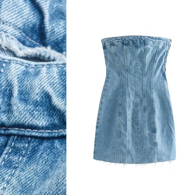 Fatankora - Strapless Washed Distressed Denim Mini Sheath Dress | YesStyle