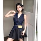 Whoosh - V-Neck Washed Button Denim Vest / High Rise Plain Mini A-Line ...