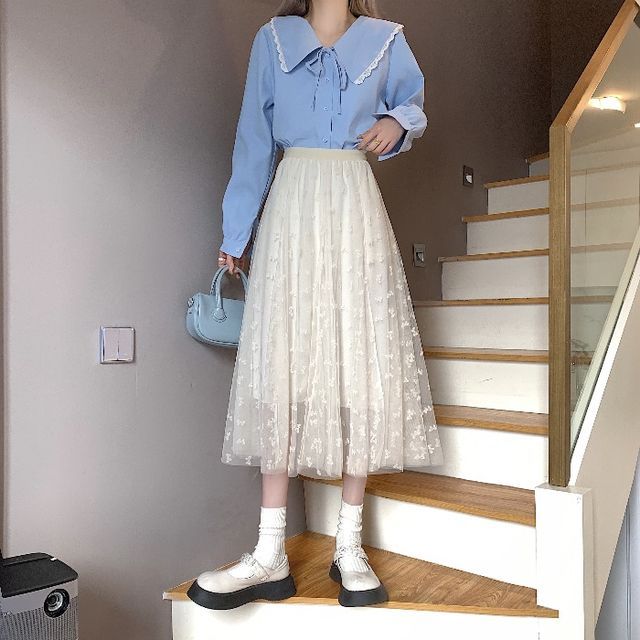 ANORA - Bow Midi A-Line Lace Skirt | YesStyle