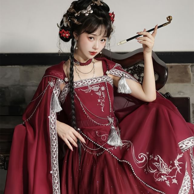 GOGO Girl - Spaghetti Strap Embroidered Midi A-Line Dress / Hooded Cape ...