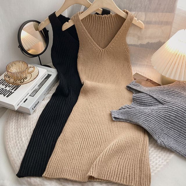 DIYI - V-Neck Plain Slim-Fit Knit Dress | YesStyle