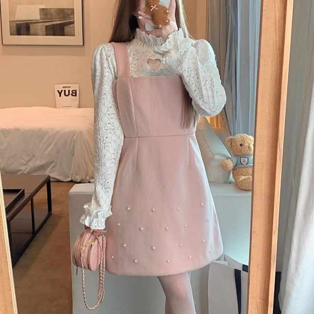 ANORA - Long-Sleeve Mock Neck Heart Cutout Top / Square Neck Faux Pearl ...