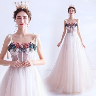 Caprice - Flower Detail Spaghetti Strap A-Line Wedding Dress | YesStyle