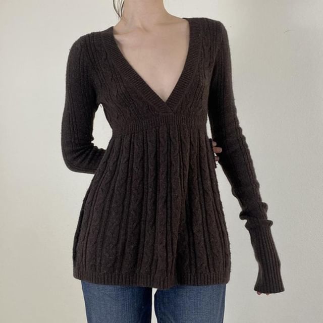 Sosana - Long Sleeve V-Neck Plain Cable-Knit Loose-Fit Sweater | YesStyle