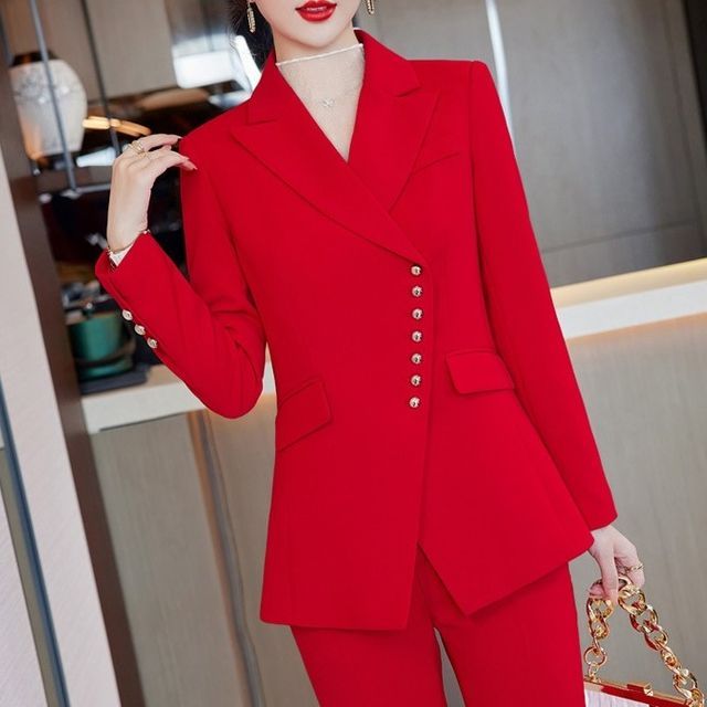 Princess Min - Set: Asymmetrical Button-Up Coat + High Rise Suit Pants ...