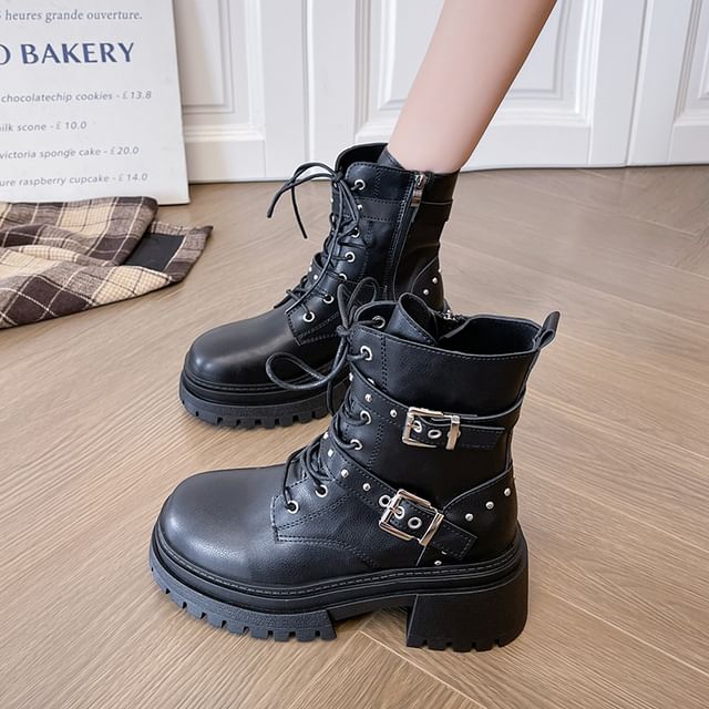 Nikao - Platform Plain Studded Buckled Lace-Up Faux Leather Short Boots ...