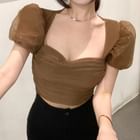 Rosesand - Puff Sleeve Square-Neck Plain Mesh Panel Crop Top | YesStyle