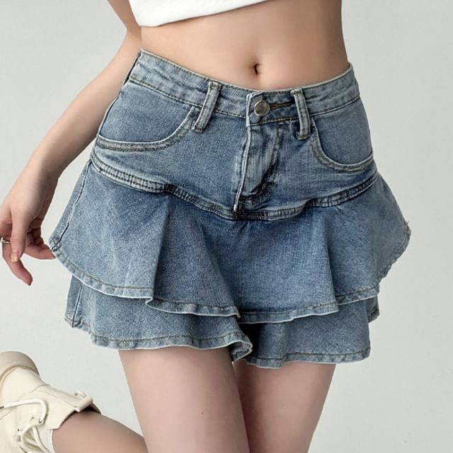 Rosesand - High Waist Ruffled Layered Mini Denim Skirt | YesStyle